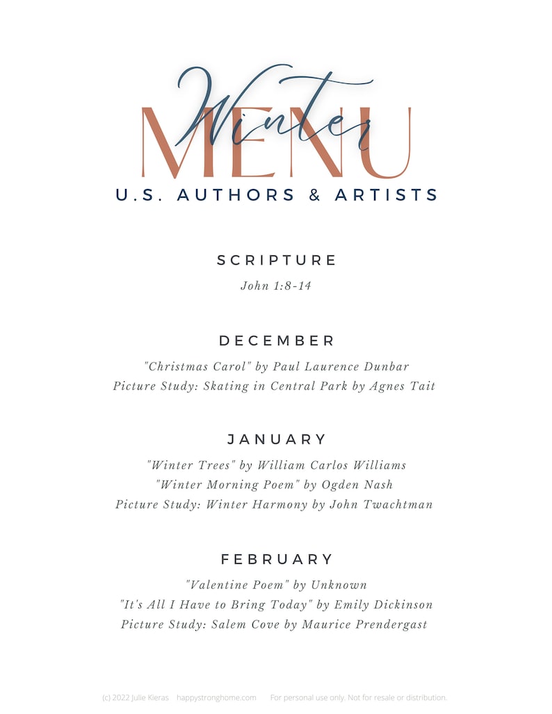 U.S. History Classical Morning Menu | Poetry, Art, Literature Study ...