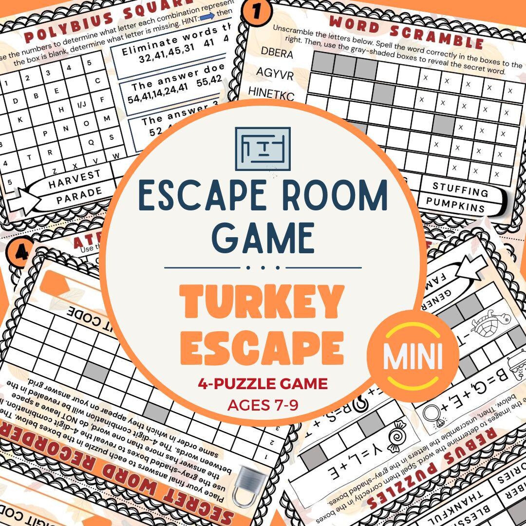Thanksgiving Turkey Escape Room Game – 4 Puzzle Printable for Kids and ...