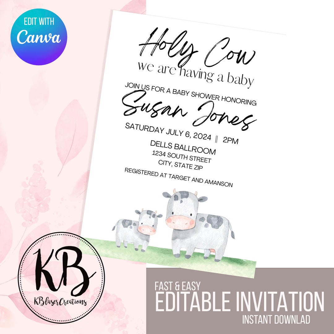 Editable Cow Baby Invitation, Canva Editable, Costume Party Invitation ...