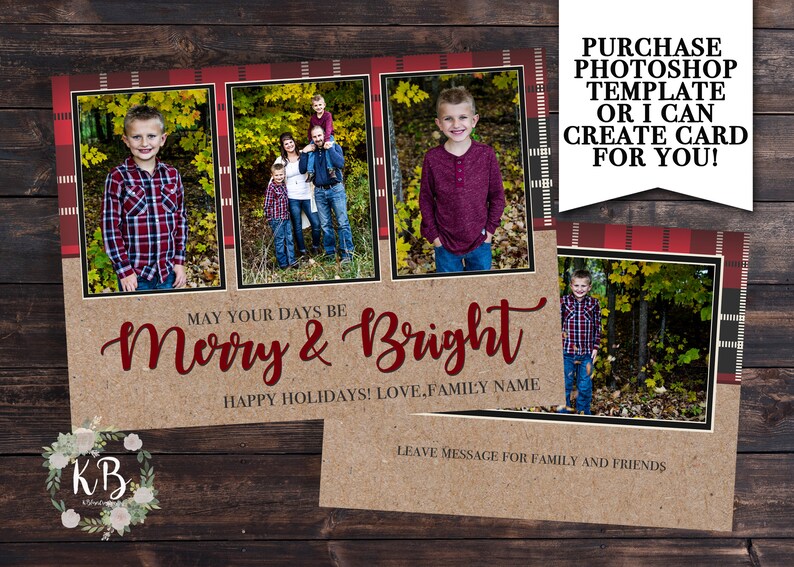 Plaid Merry & Bright 5x7 Christmas Card|double Sided|photoshop Template ...