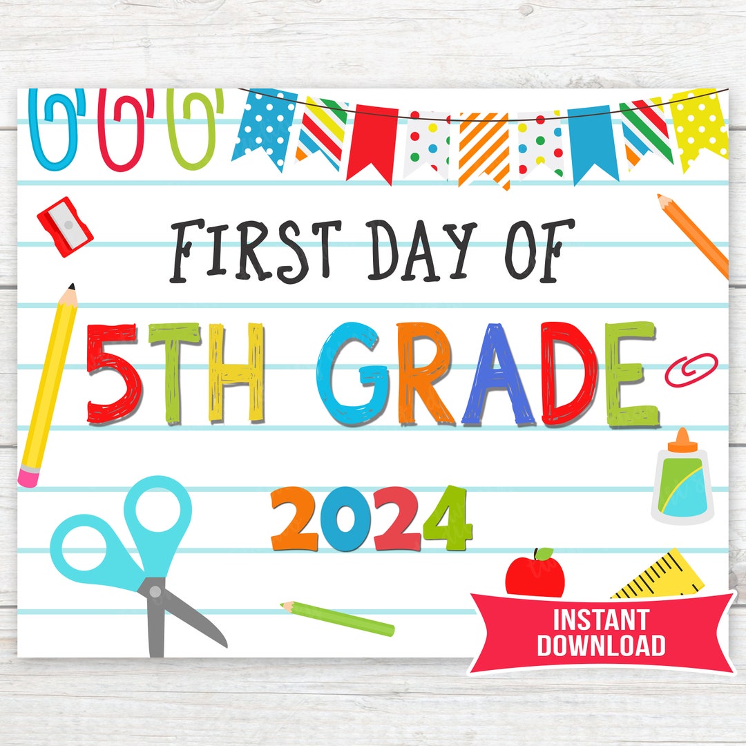 First Day of Fifth Grade Sign, First Day of 5th Grade White Print ...