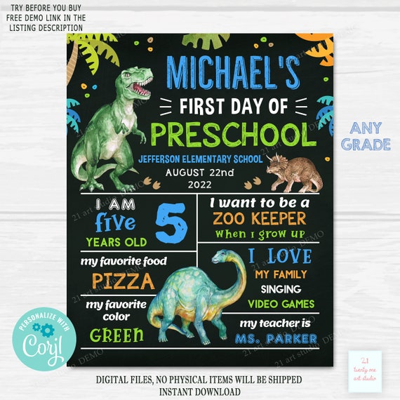Dinosaur First Day of School Sign First Day of Preschool - Etsy