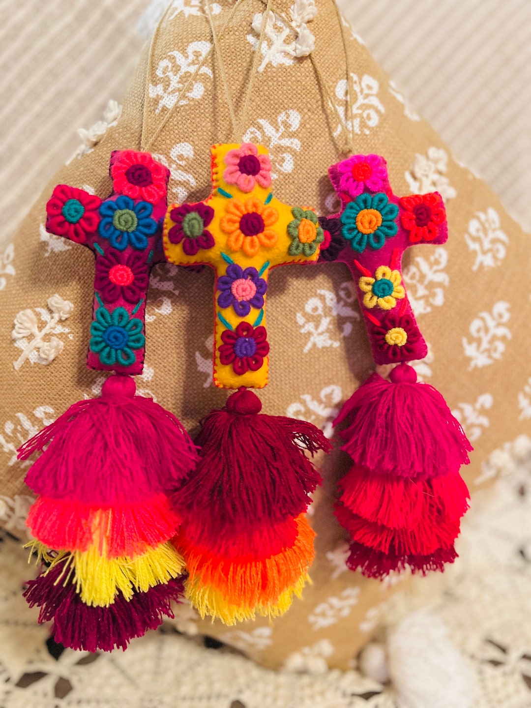 Artesanal Embroidered Crosses/pom Poms Ornaments With Tassel - Etsy