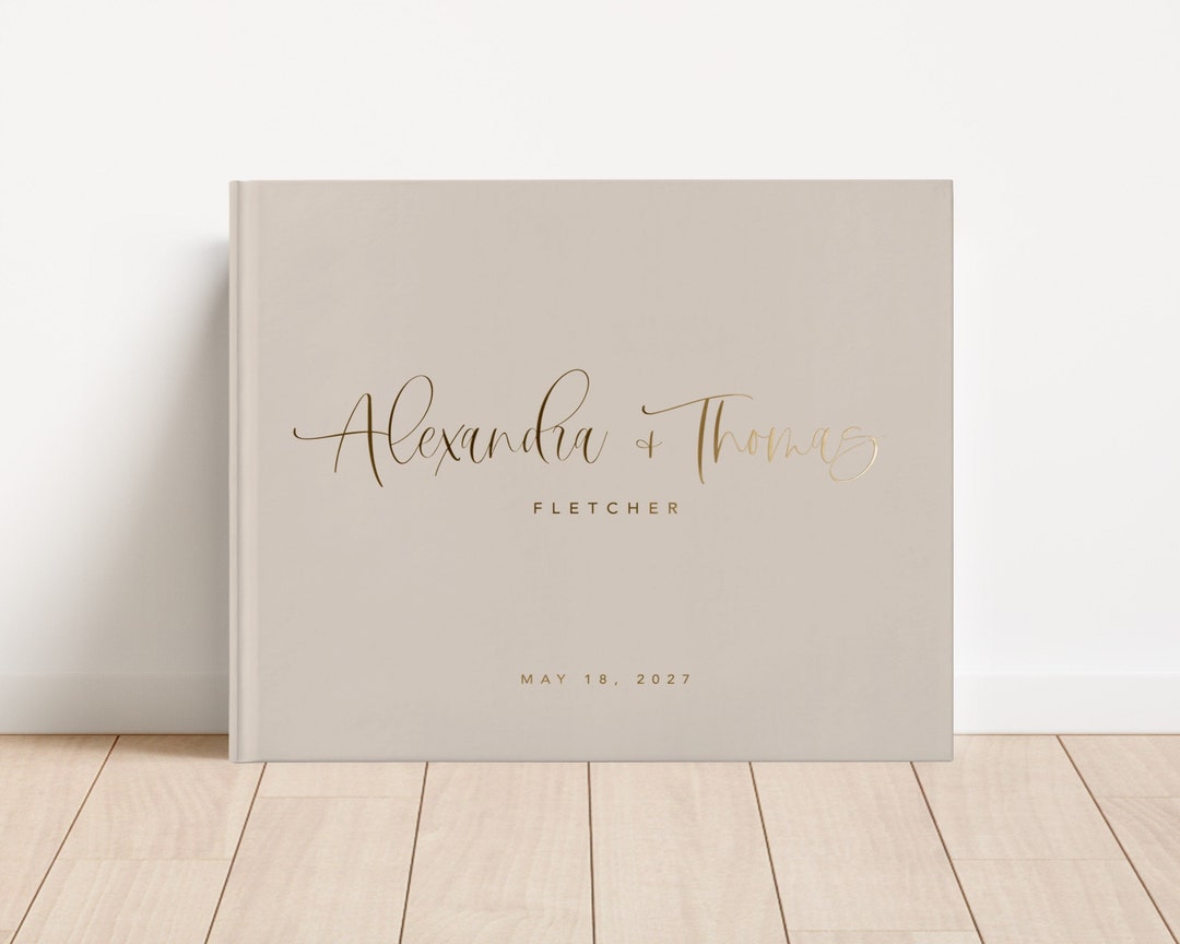 Wedding Guest Book. Personalized Gold Foil Horizontal Wedding Book With ...