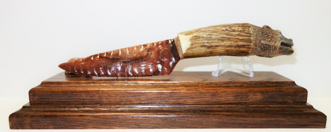 10 Lg Flint Knapped Flint River Knife on a Amazing Carved Bear Antler ...