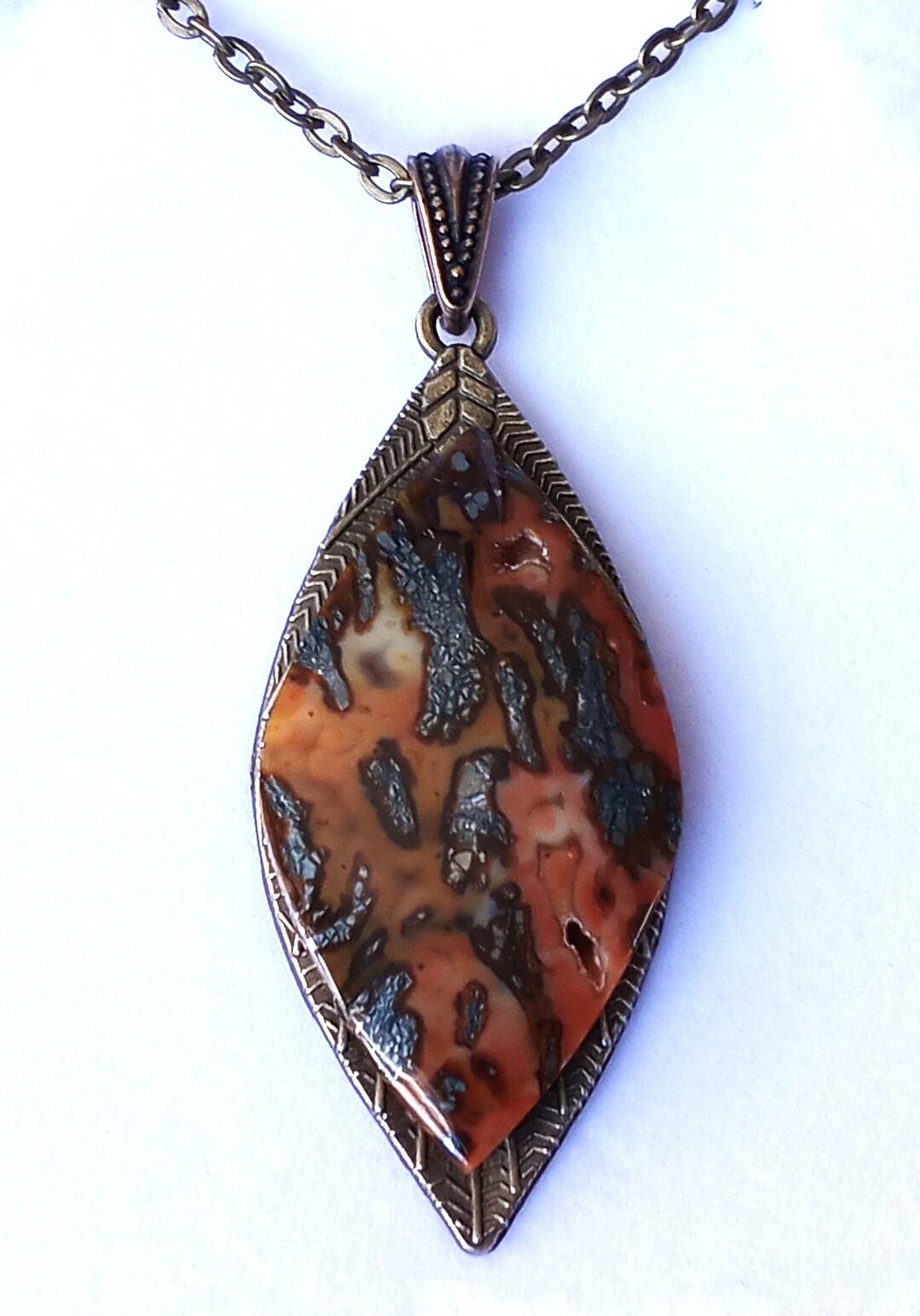 20" Red Marcasite Agate Cabochon Necklace on Bronze Setting and Chain ...