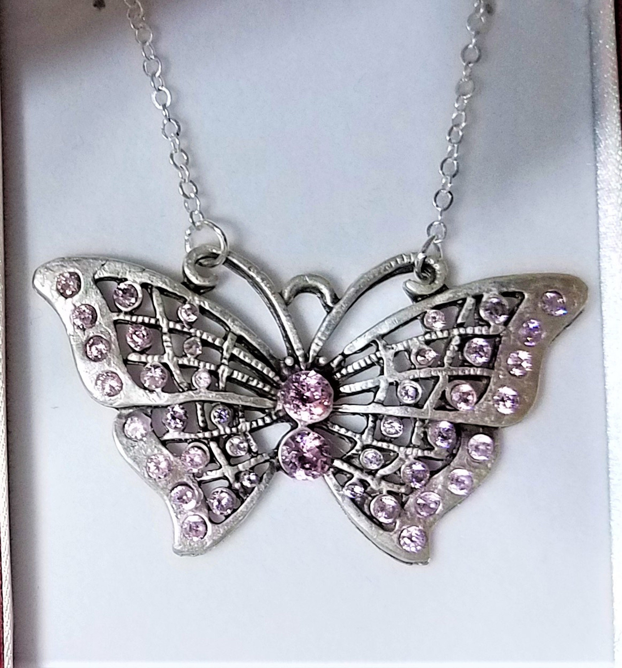 22" Silver Plated Butterfly With Pink Cubic Zirconia on a Sterling ...