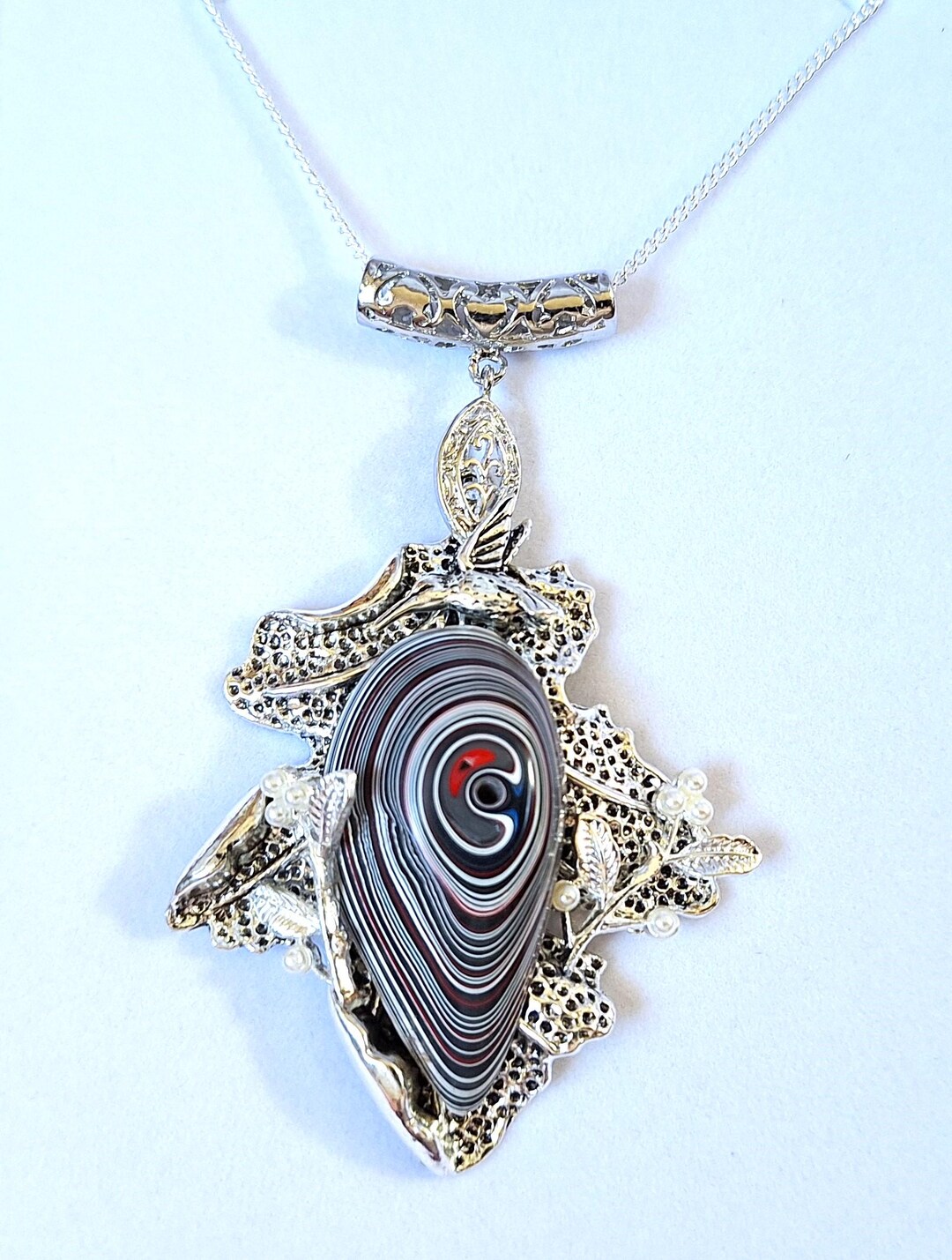 20" Fordite Detroit Agate Necklace on LG Silver Leaf Sterling Chain ...