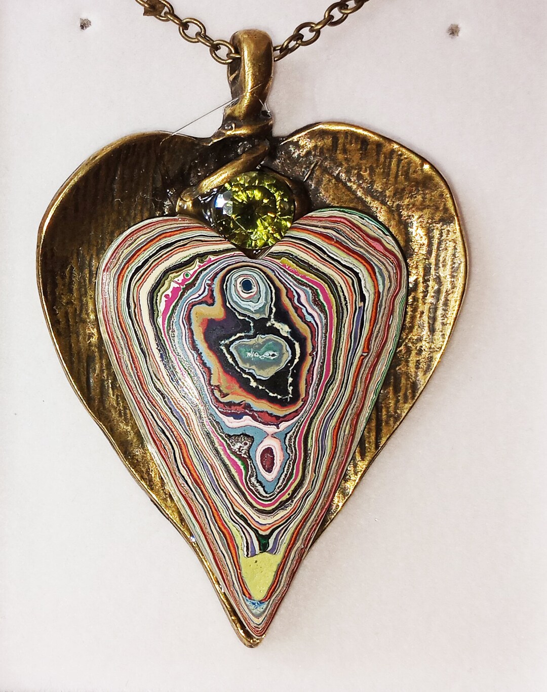20" Amazing Cadillaic Ranch Fordite Detroit Agate Heart on Bronze Heart ...
