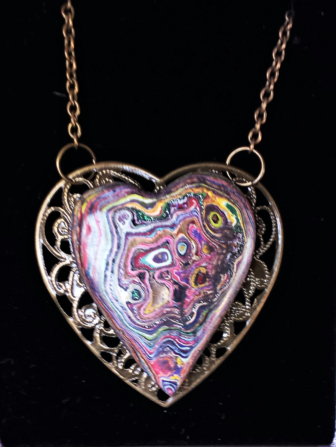 20" Cadillaic Ranch Fordite Detroit Agate Necklace on Bronze Heart and ...