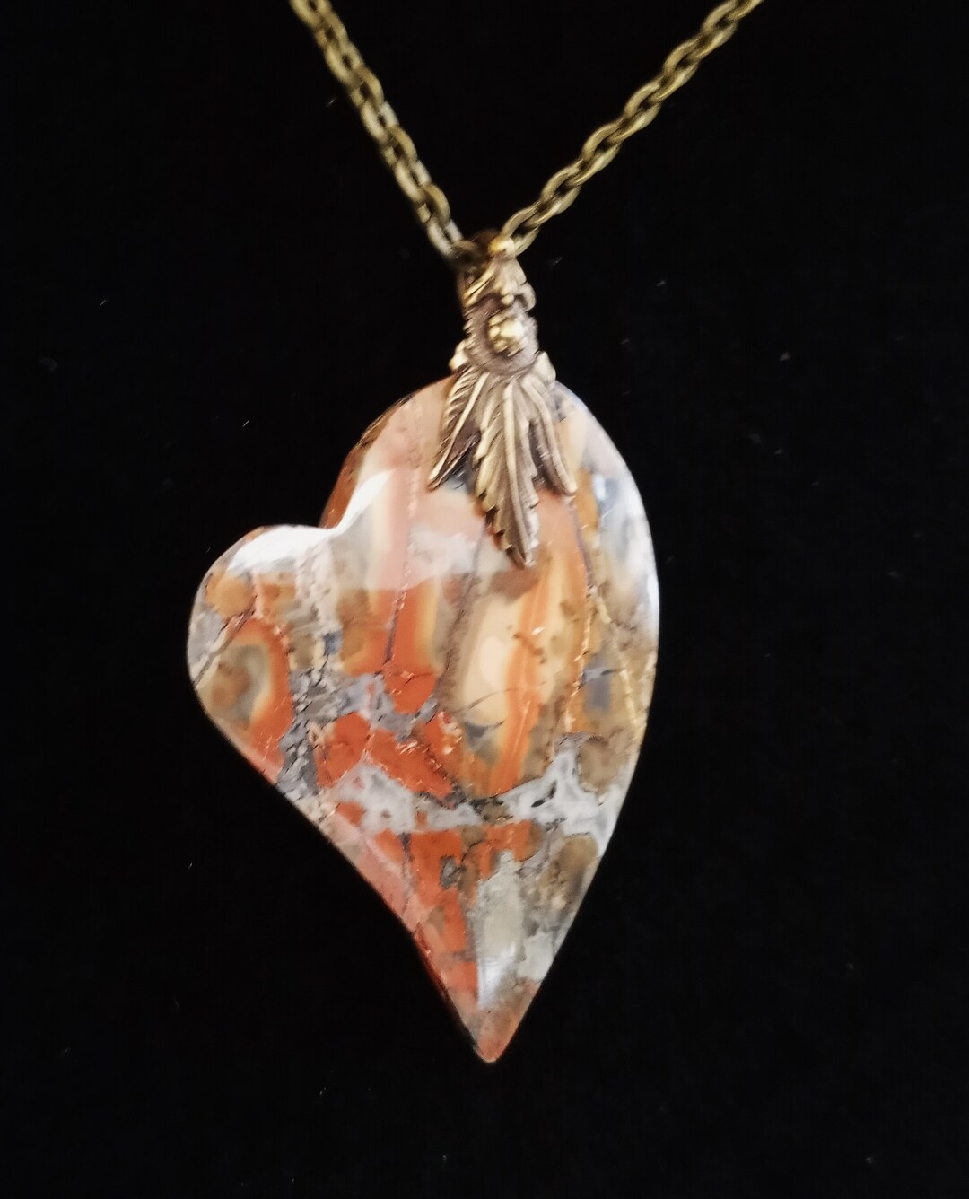 20" Maligano Jasper Heart Cabochon Necklace on Copper Feather Bail and ...