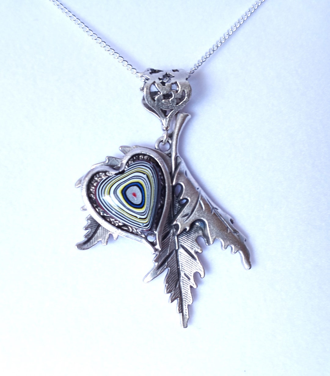 20" Fordite Heart Cab on Leaf Beautiful Statement Necklace FL16 - Etsy