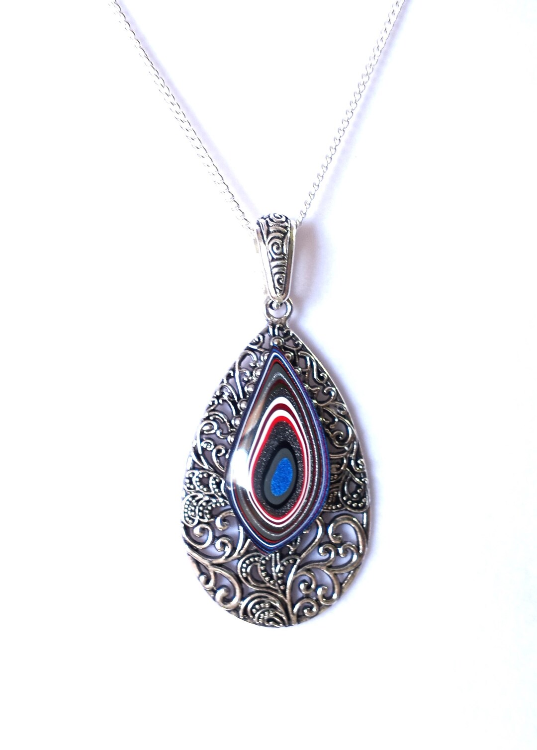 20" Fordite Detroit Agate Necklace on Silver Tear Drop Sterling Chain ...
