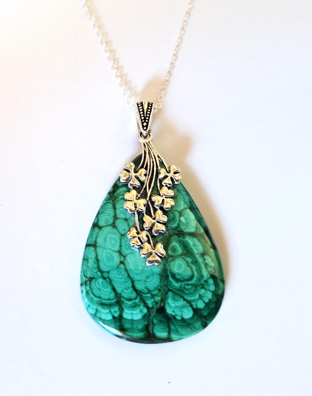 20" Rare Beauty Malacite Cabochon on Sterling Silver Chain and Bail ...