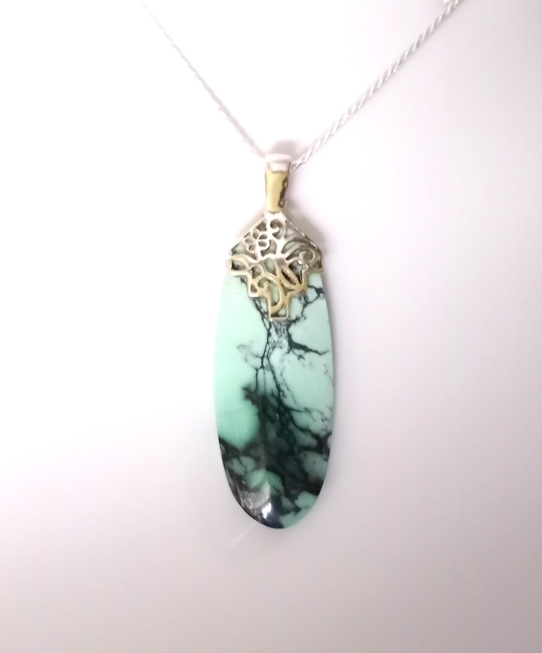 20" Very RARE Persian Spiderweb Variscite Cabochon Necklace on Sterling ...