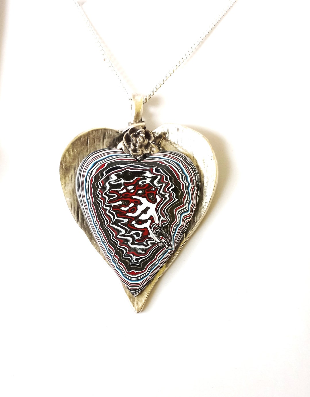 20" Fordite Detroit Agate Heart Necklace on Silver Plated Heart and ...