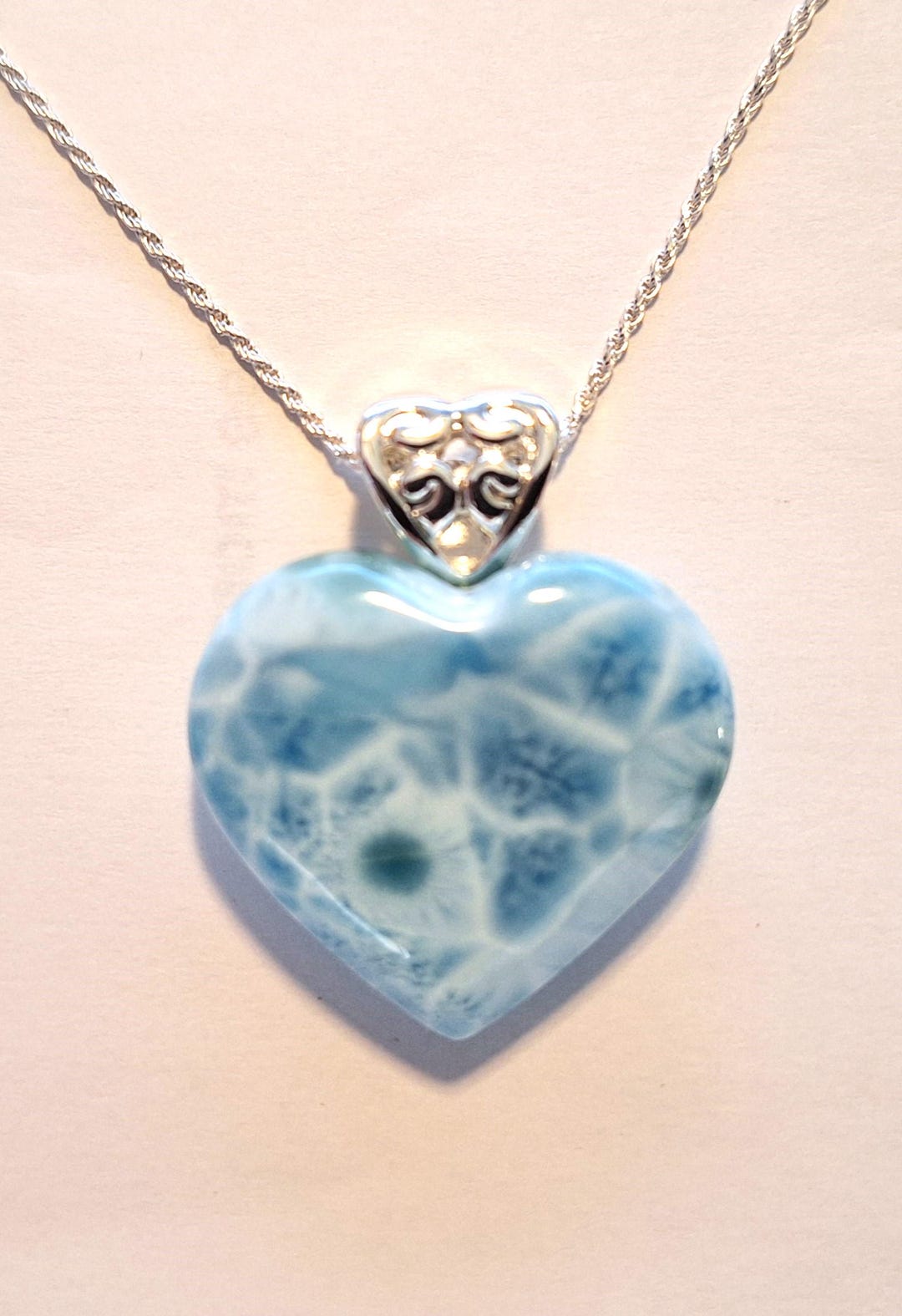 20" RARE HIGH QUALITY Larimar Heart Cabochon Necklace on Sterling Bail ...