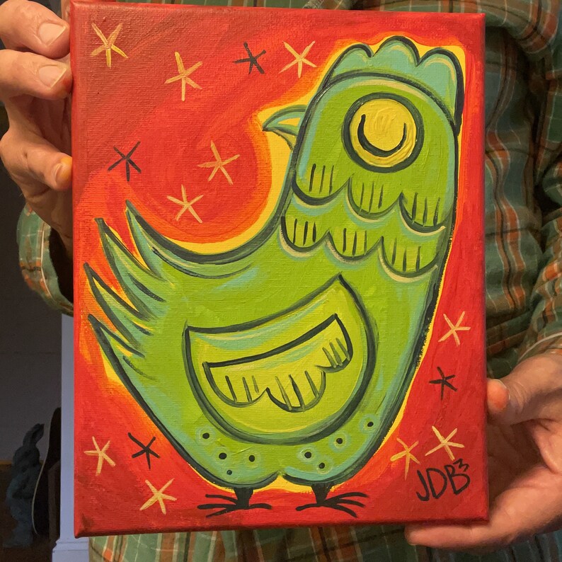 Original Acrylic Painting on Canvas, Chicken, Parrot Bright Green, With ...