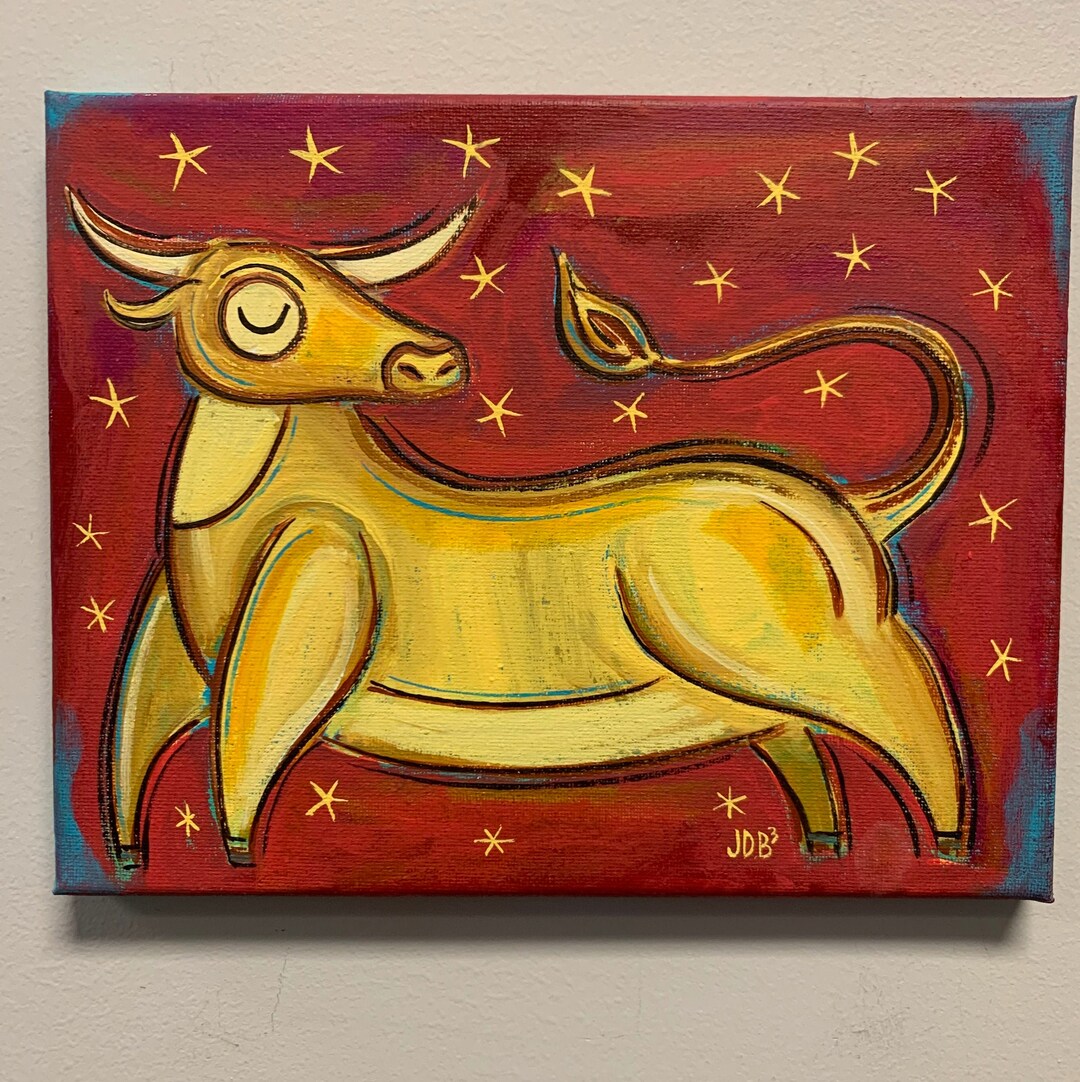 Original Acrylic Painting on Canvas, Ox, Golden Yellow, With Magical ...