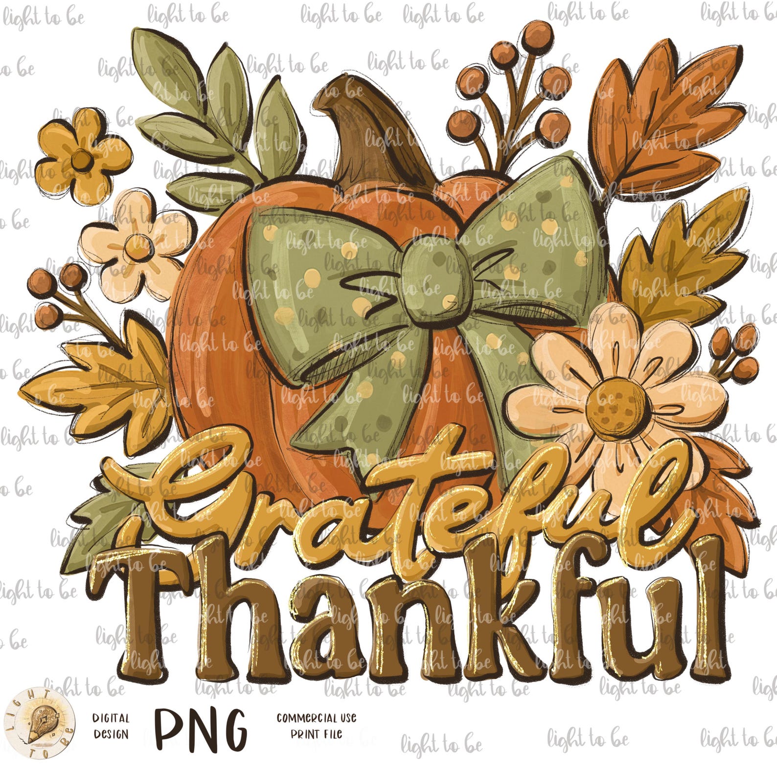 Grateful Thankful PNG: Fall Pumpkin, Autumn Flowers Clipart (digital ...