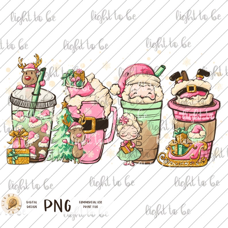 Pink Santa Coffee PNG Christmas Snowmen Deer Peppermint Iced - Etsy