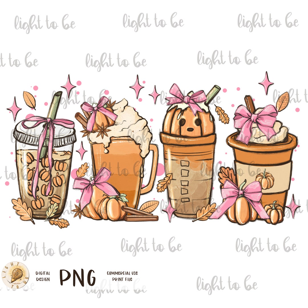 Fall Latte Pink Coquette Bows PNG, Pumpkin Spice PSL Leaves Coffee ...