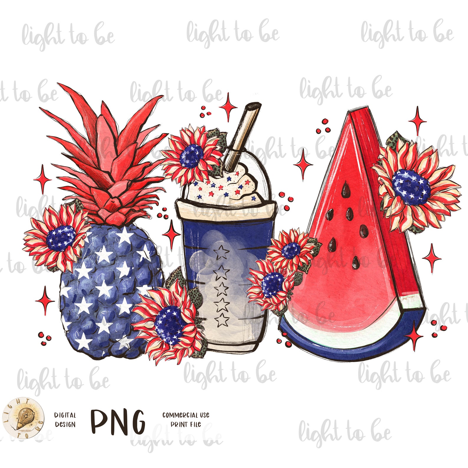 4th of July PNG, America USA Sunflower Pineapple Watermelon Coffee ...