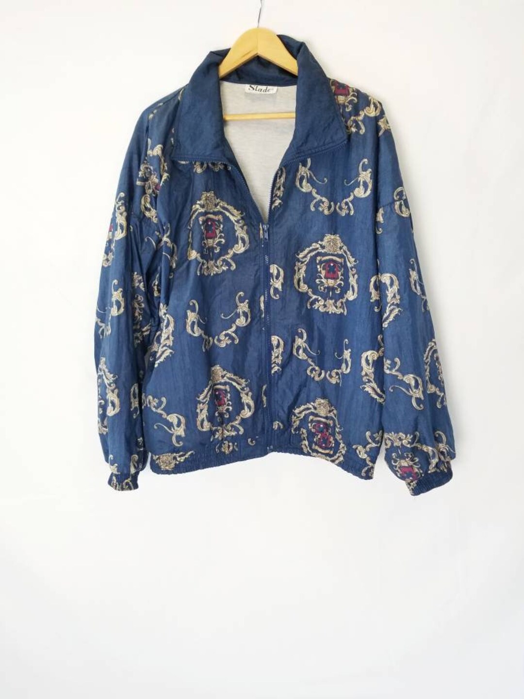 Vintage Oversized Royalty Crest Windbreaker Blue Gold Jacket//women's ...