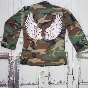 Vintage Camo Military Jacket: Sequined Angel Wings, Unisex Field Coat ...