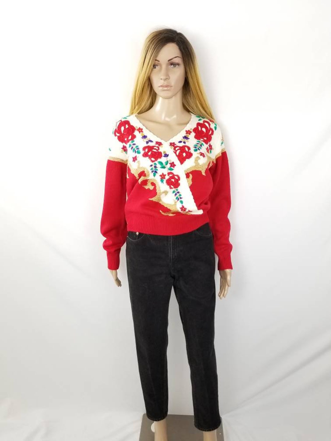 Vintage Red Cropped Pull Over Sweater V Neck Sweater, Embroidery Roses ...