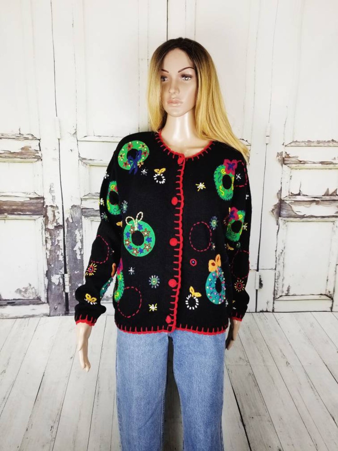 Vintage Christmas Oversized Cardigan Sweater Christmas Cardigans Black ...