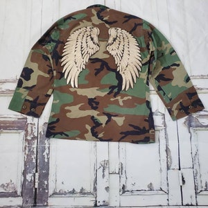 Vintage Camo Military Jacket: Sequined Angel Wings, Unisex Field Coat ...
