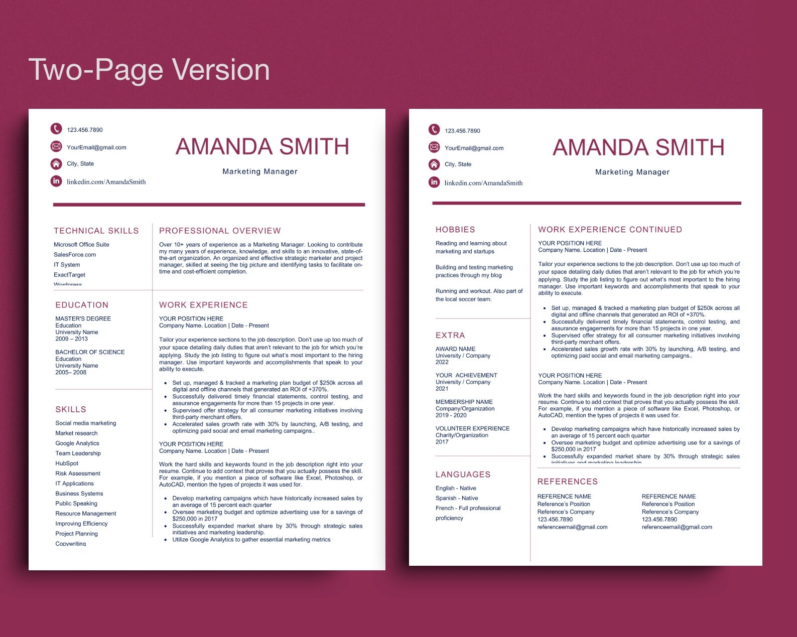 2 Page Resume Template Cover Letter and References Template - Etsy