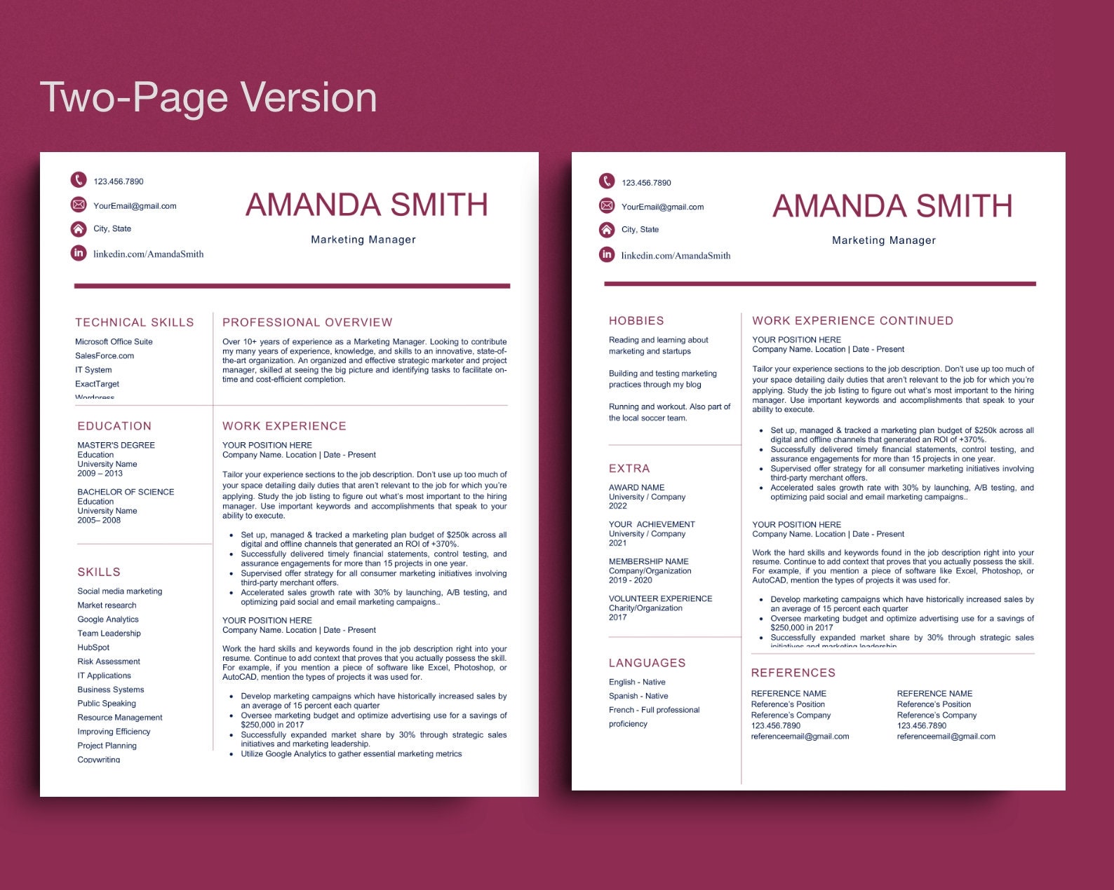 2 Page Resume Template Cover Letter and References Template | Etsy