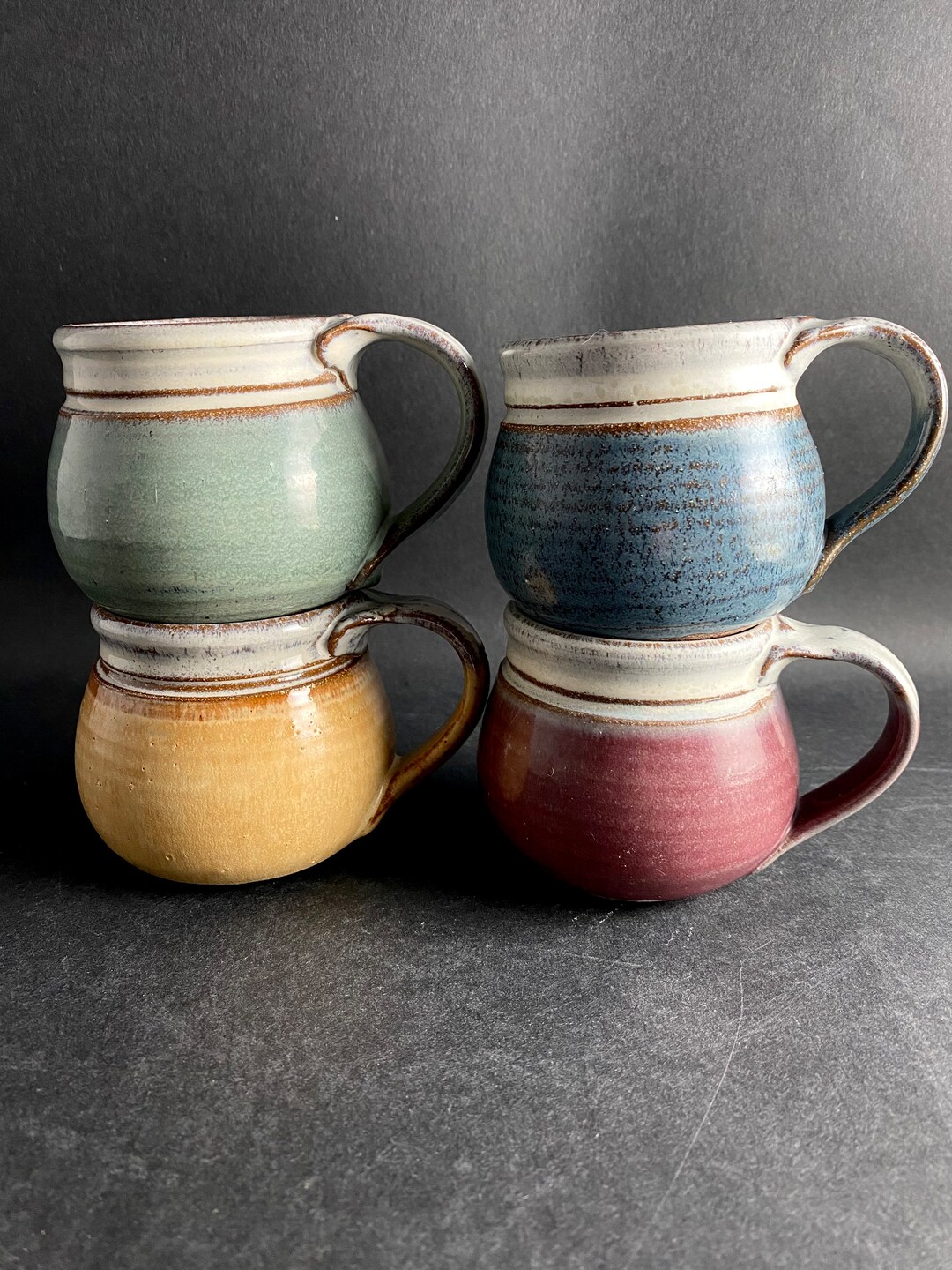 Handmade Pottery Coffee Mugs Set of 4 Blue Green Maroon Mustard ...
