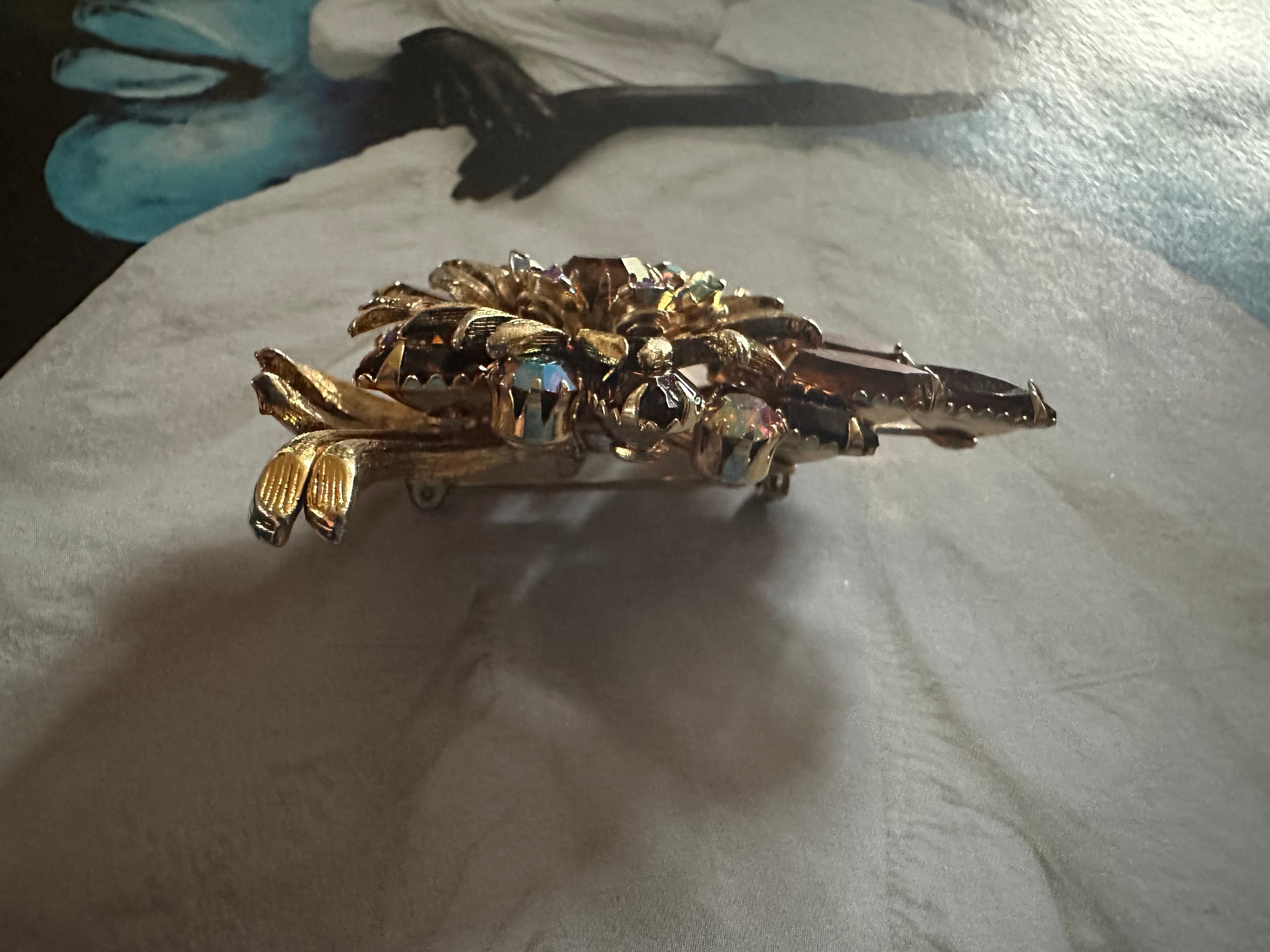 SELINI Layered Flower Brooch, Rhinestone Pin, Selro Selini, Floral Pin ...