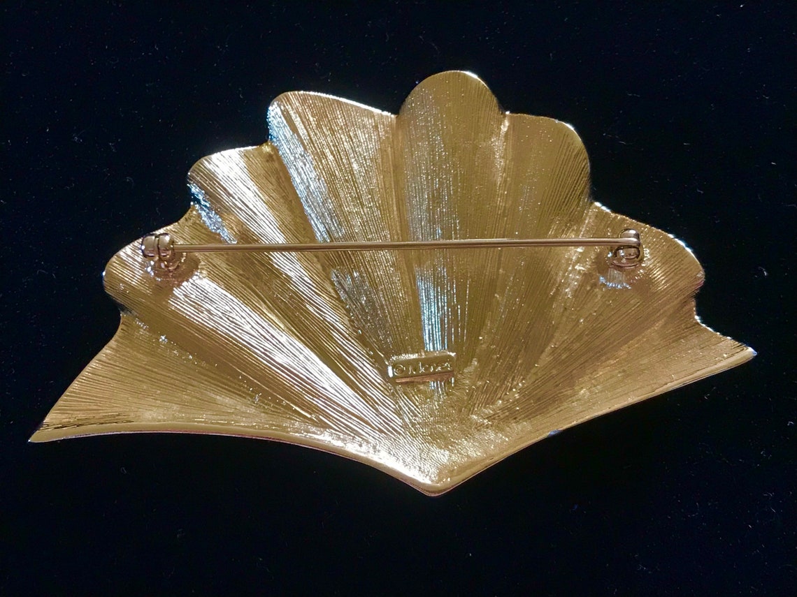 MONET Large Gold Metal Fan Brooch Figural Pin 1980s Vintage | Etsy