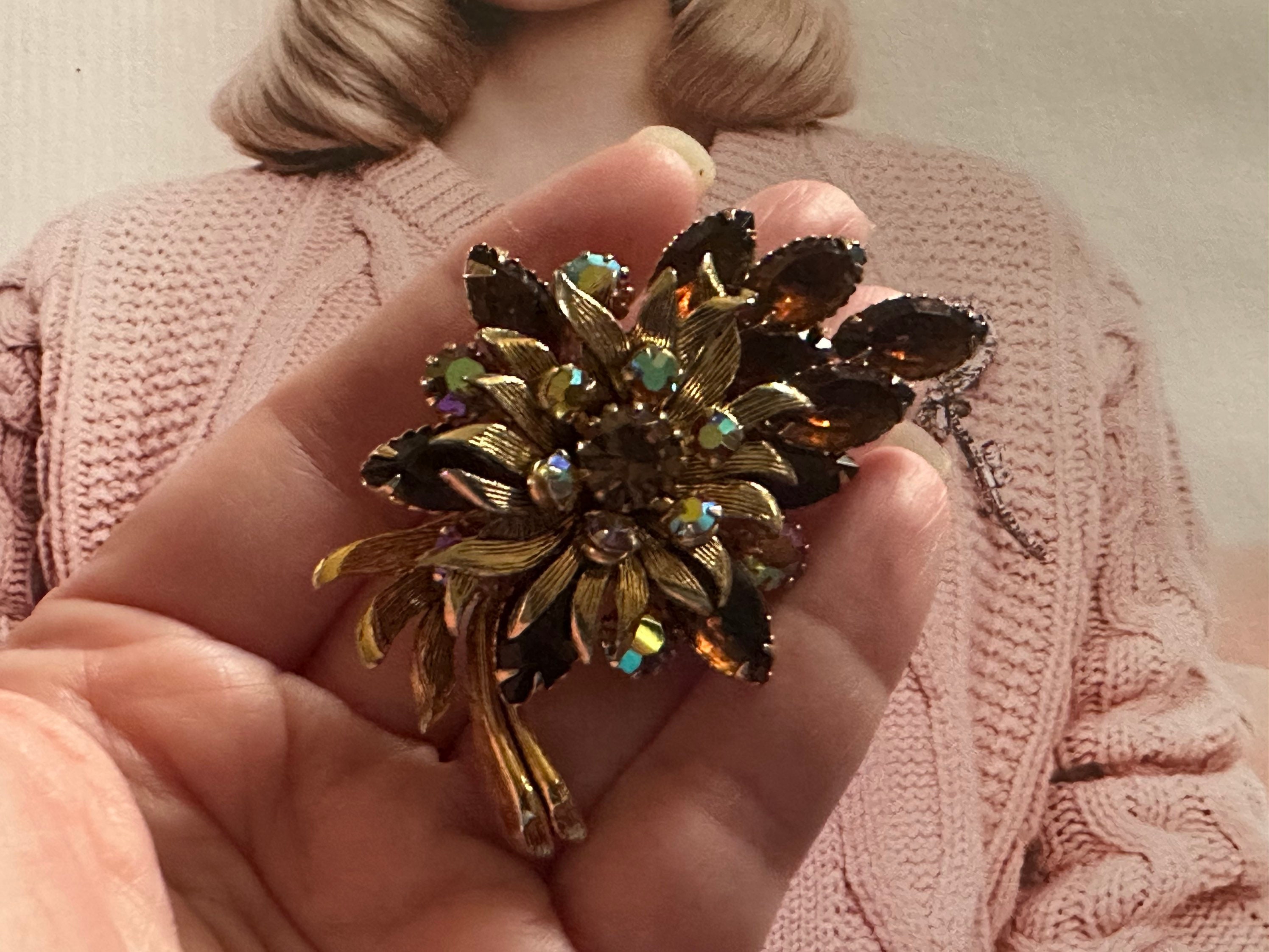 SELINI Layered Flower Brooch, Rhinestone Pin, Selro Selini, Floral Pin ...