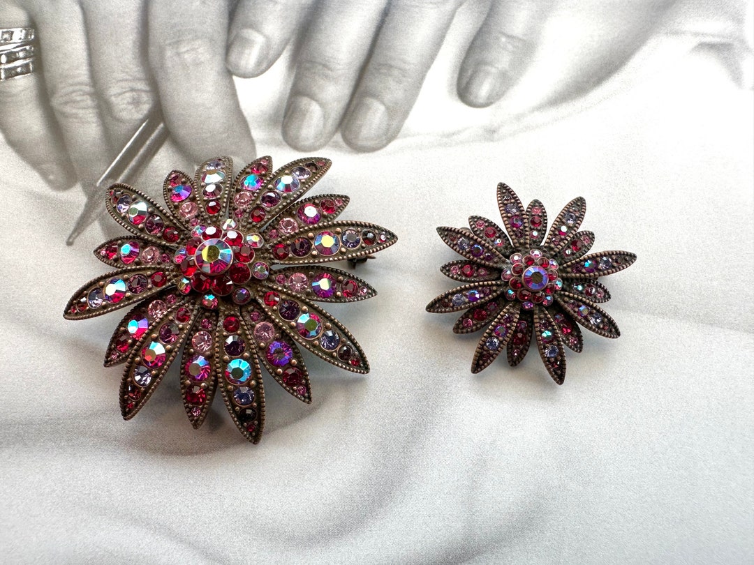JOAN RIVERS 2 Flower Brooch Set, Shades of Pink Swarovski Crystals ...