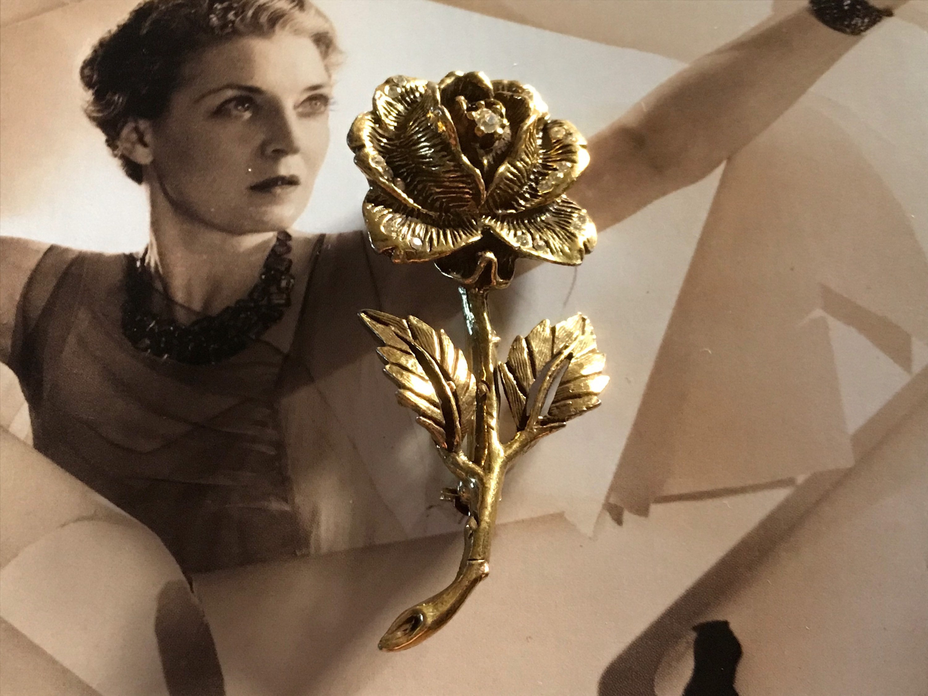 GOLDETTE Antiqued Gold Metal Rose Brooch, Rhinestone Flower, Floral Pin ...