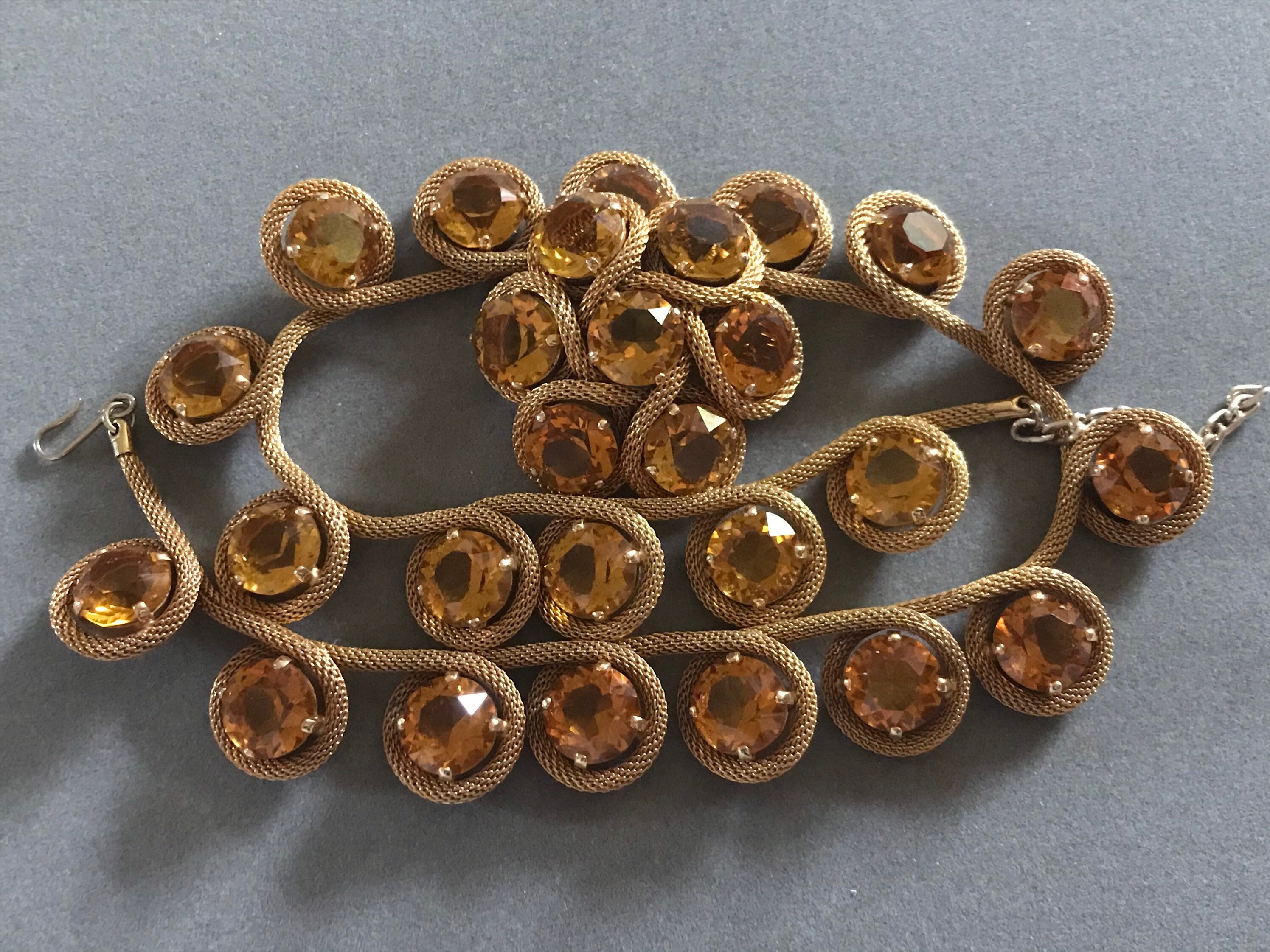 Gold Tone Mesh & Topaz Rhinestone Necklace and Brooch Set - Etsy