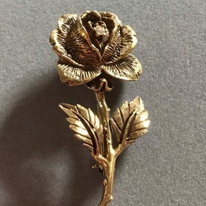 GOLDETTE Antiqued Gold Metal Rose Brooch, Rhinestone Flower, Floral Pin ...