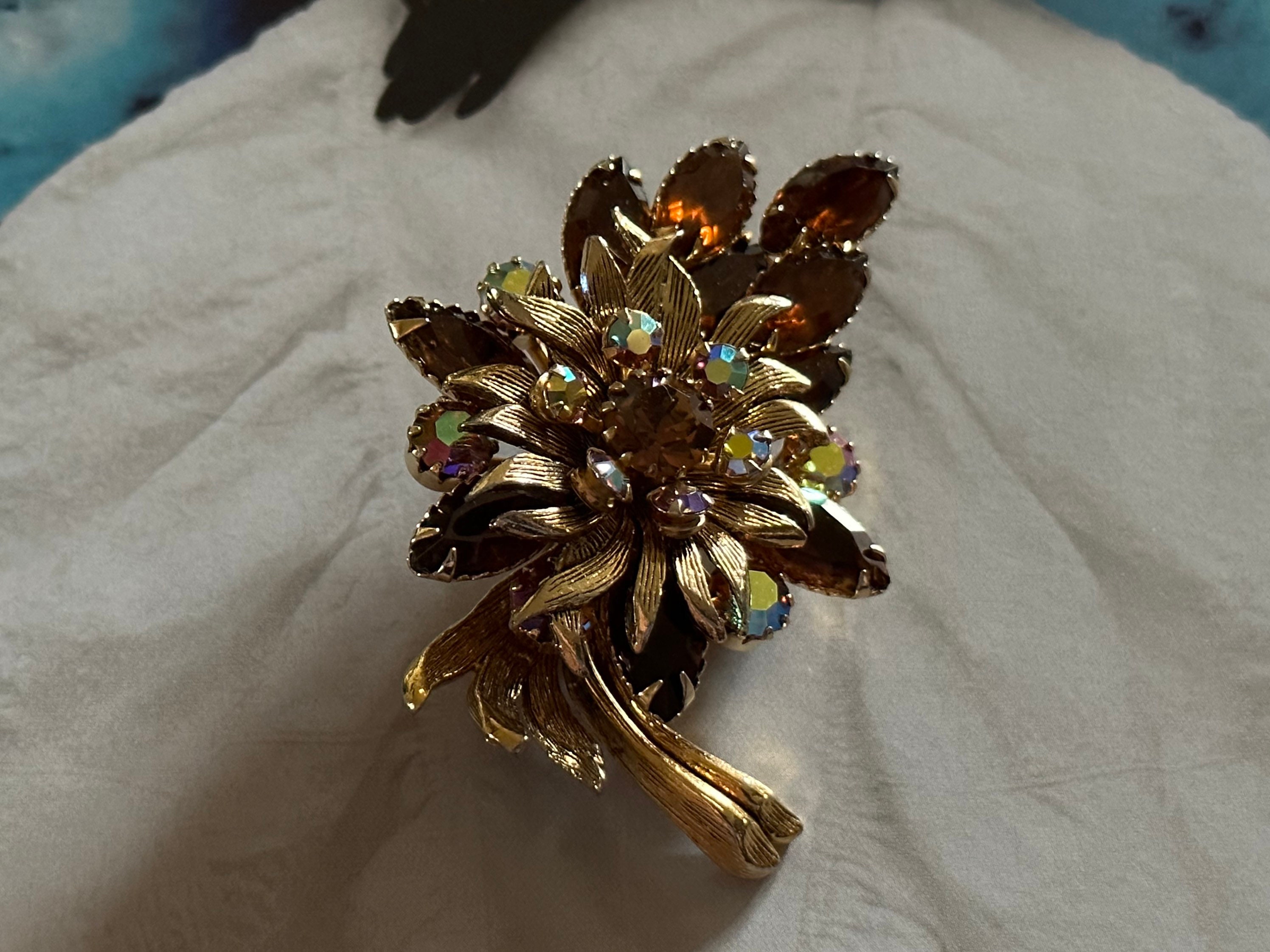 SELINI Layered Flower Brooch, Rhinestone Pin, Selro Selini, Floral Pin ...