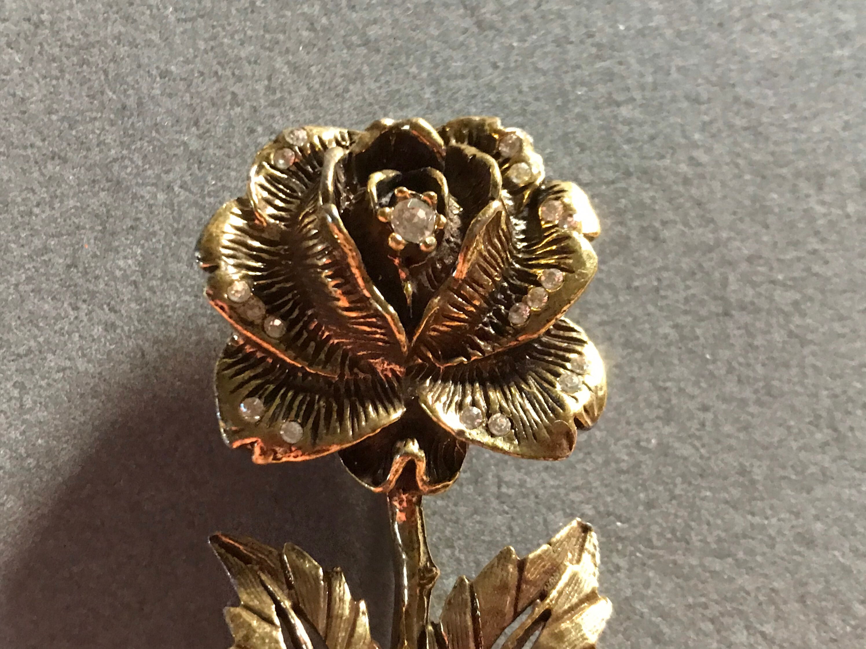 GOLDETTE Antiqued Gold Metal Rose Brooch, Rhinestone Flower, Floral Pin ...