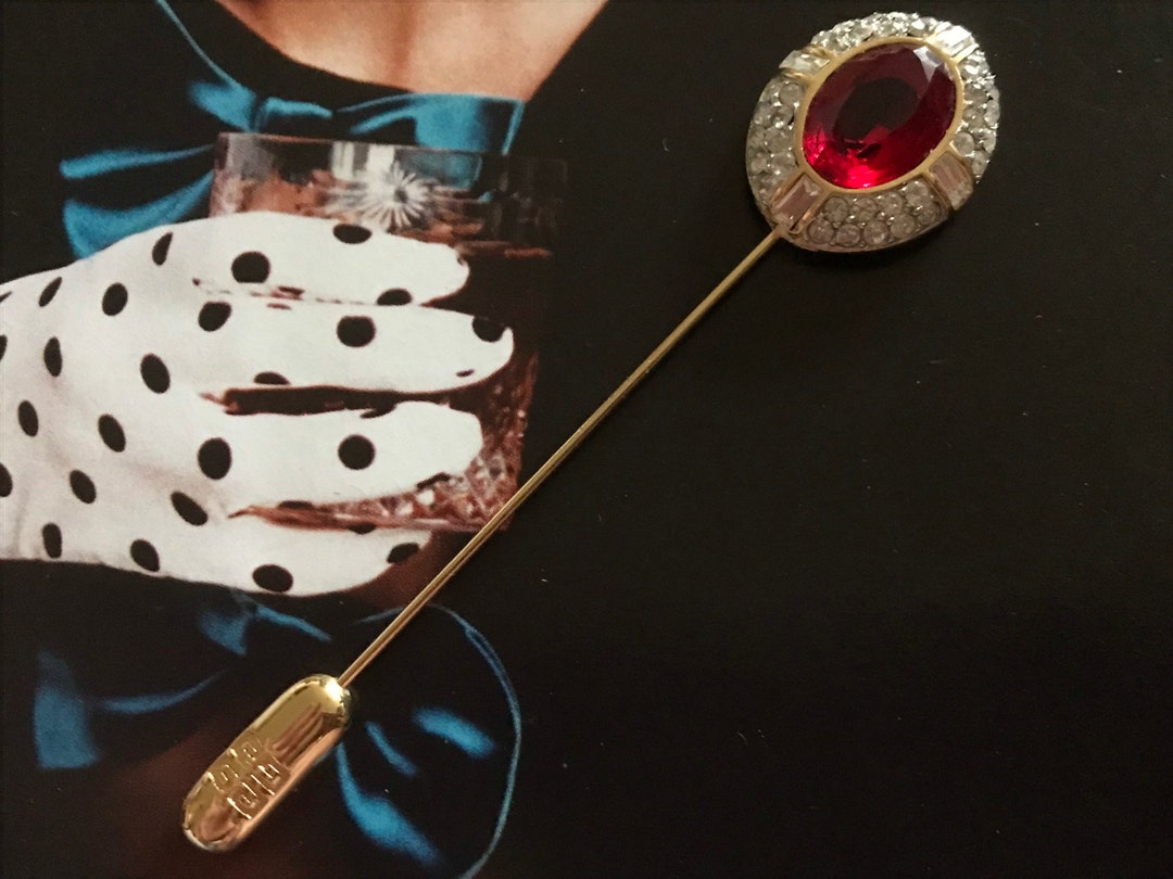 GIVENCHY Red Crystal Stick Pin, Red Glass Pin, Clear Crystal Stick ...