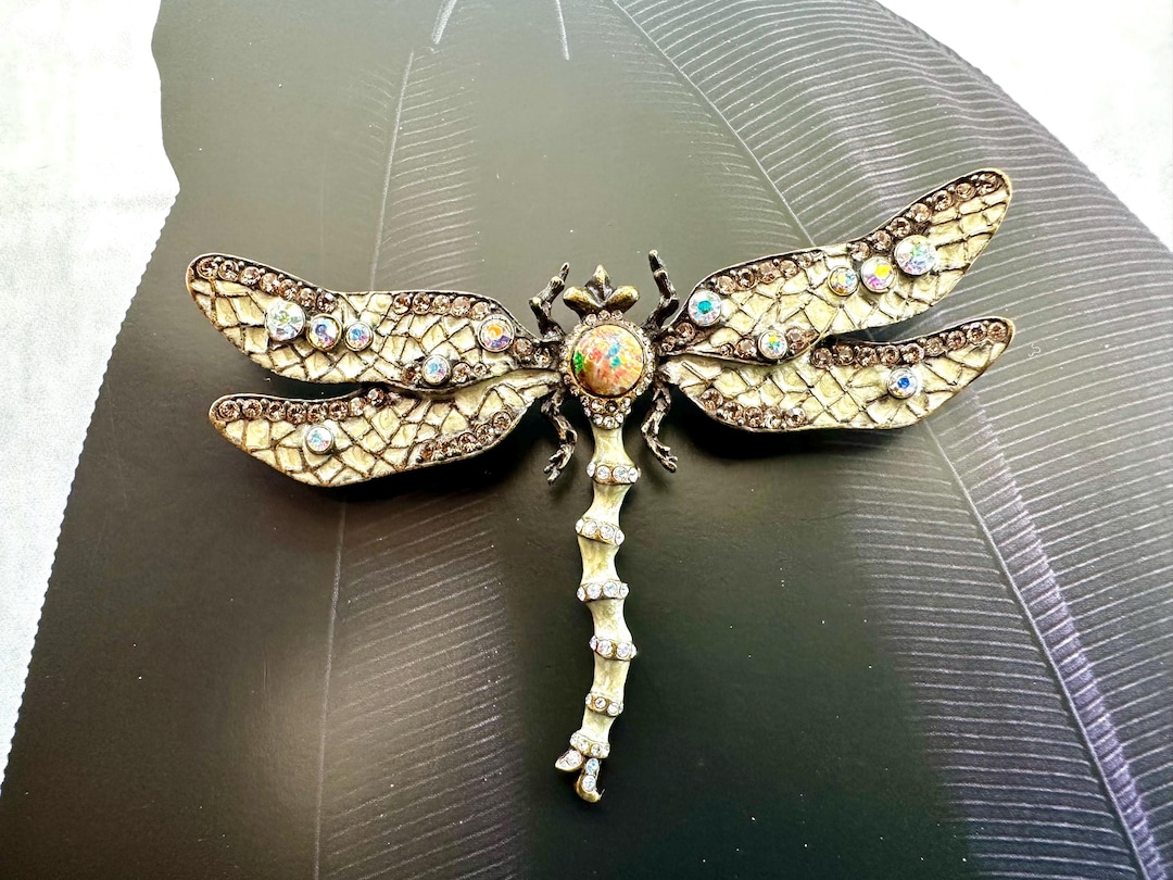 JOAN RIVERS Enamelled Dragonfly Brooch, Insect Pin, Faux Opal ...