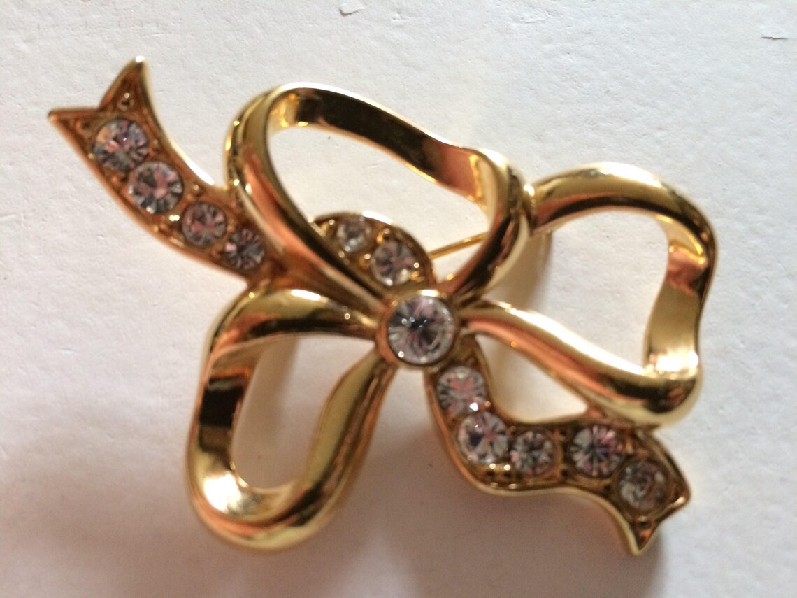 Vintage Bow Brooch Clear Rhinestone Bow Pin Gold Ribbon - Etsy UK