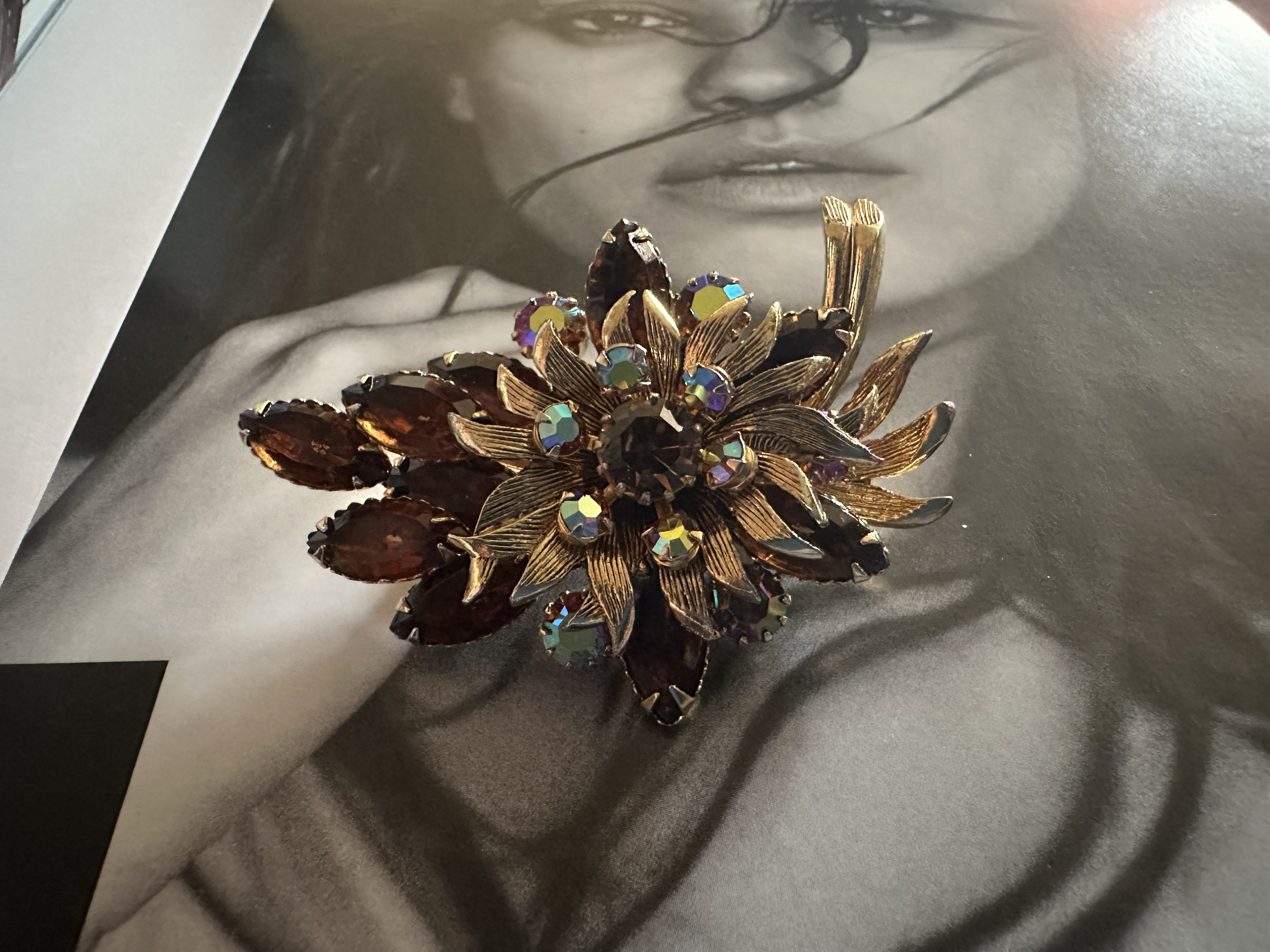 SELINI Layered Flower Brooch, Rhinestone Pin, Selro Selini, Floral Pin ...