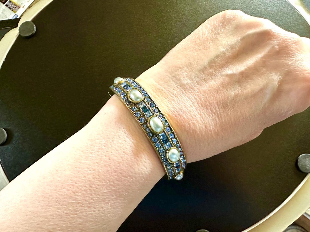 HEIDI DAUS Hinged Bangle, Faux Pearl & Crystal Bracelet, Shades of Blue ...