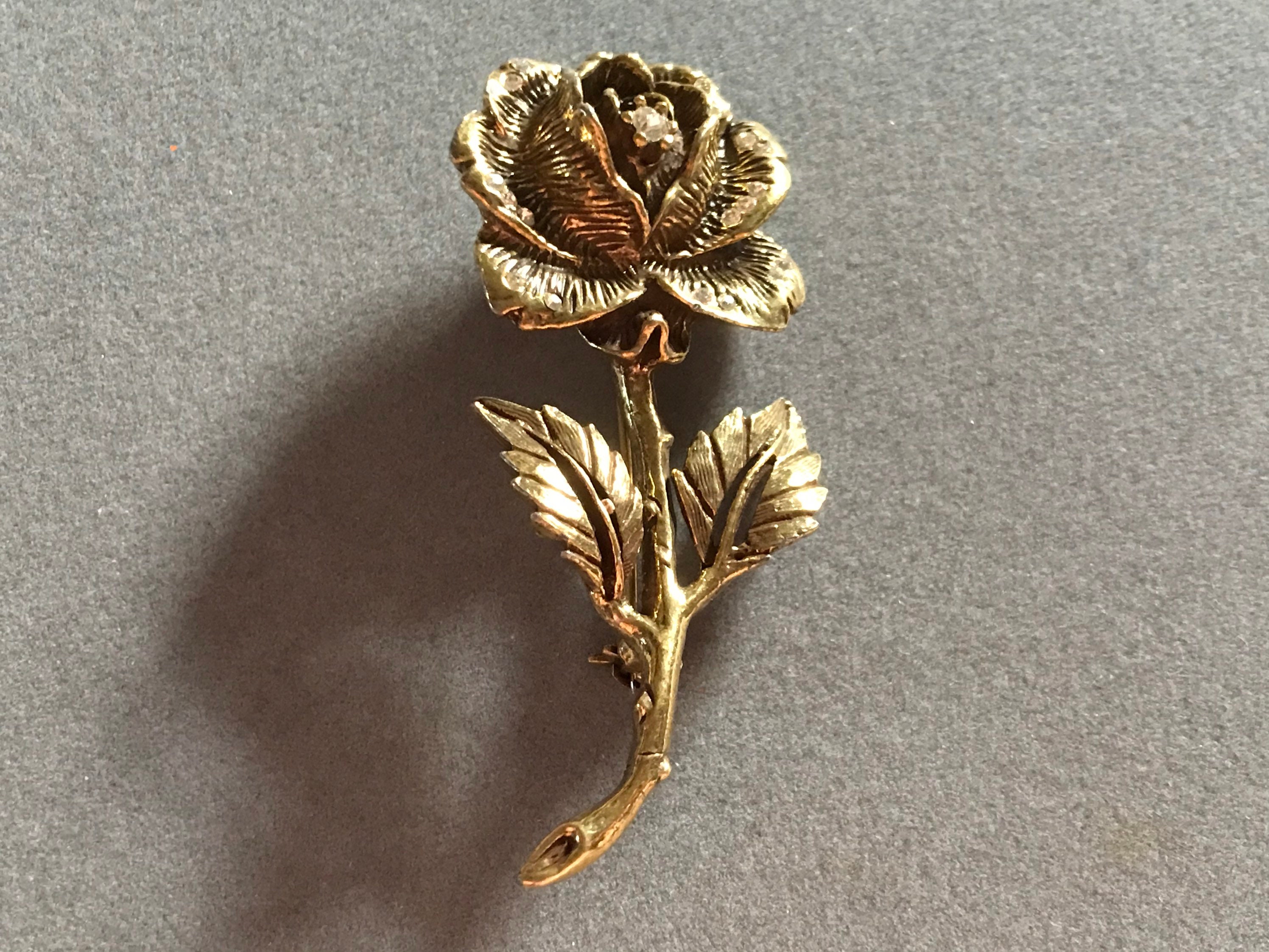 GOLDETTE Antiqued Gold Metal Rose Brooch, Rhinestone Flower, Floral Pin ...
